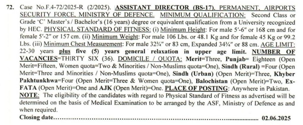 ASF Jobs 2025 for Assistant Director through FPSC [Apply Online]