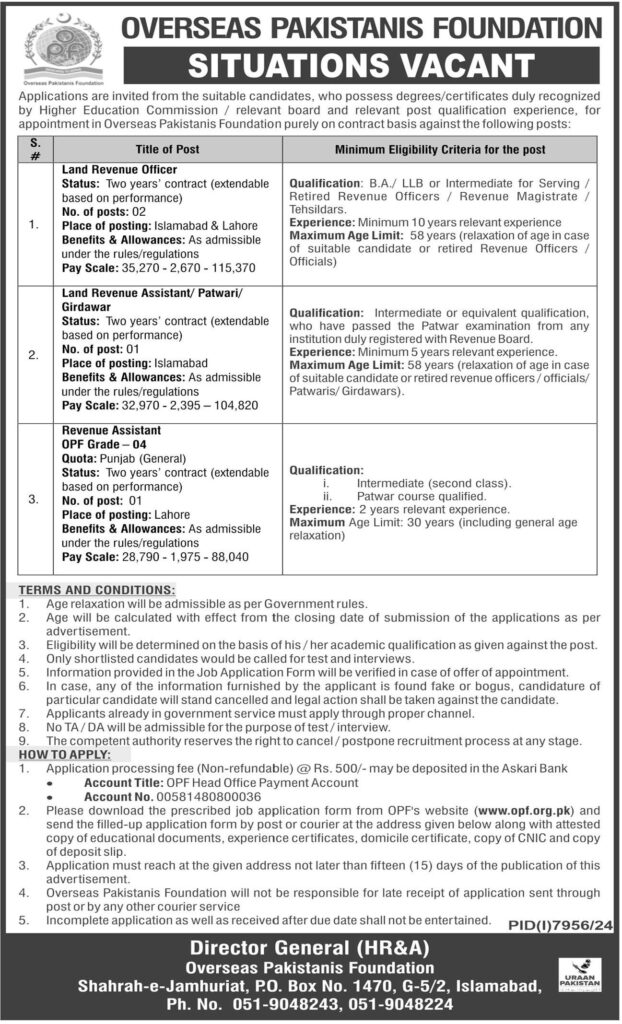 Overseas Pakistanis Foundation OPF Jobs 2025 [Application Form]
