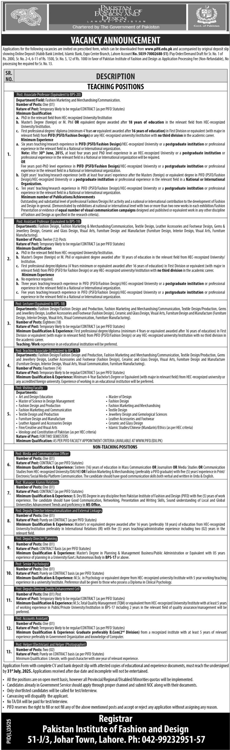Pakistan Institute of Fashion and Design PIFD Jobs 2025 [Application Form]